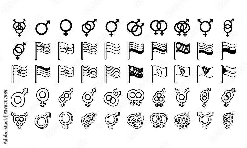 bundle of genders symbols of sexual orientation and flags line style ...