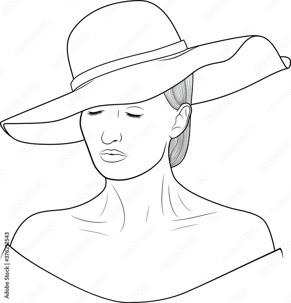 Vector Illustration Coloring Book Page Line Art Beautiful Woman Hat ...