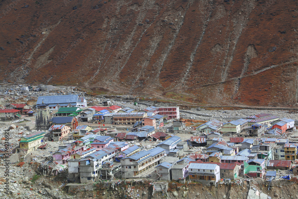 Kedarnath temple aerial view after Kedarnath Disaster 2013. Heavy loss ...