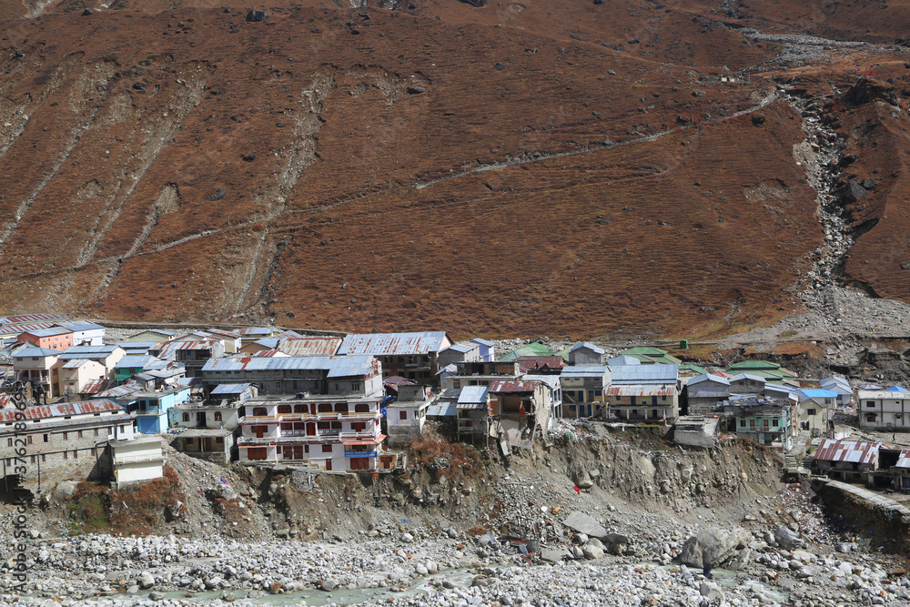 Kedarnath temple aerial view after Kedarnath Disaster 2013. Heavy loss ...