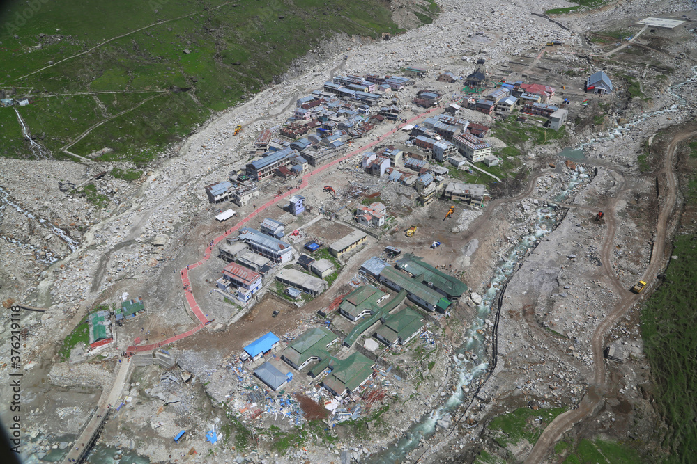 Kedarnath temple aerial view after Kedarnath Disaster 2013. Heavy loss ...