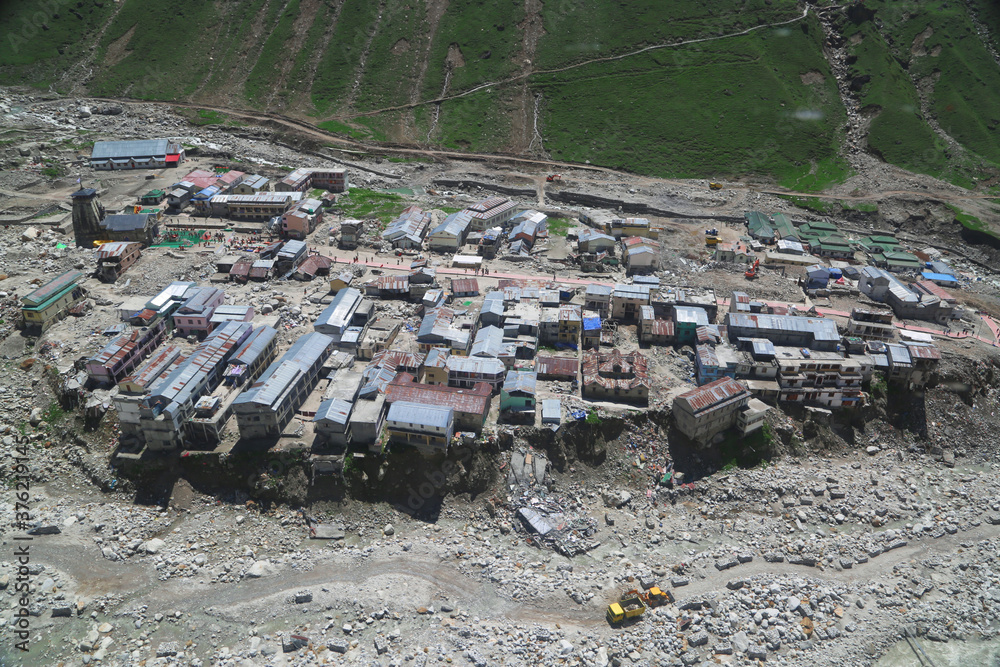 Kedarnath temple aerial view after Kedarnath Disaster 2013. Heavy loss ...