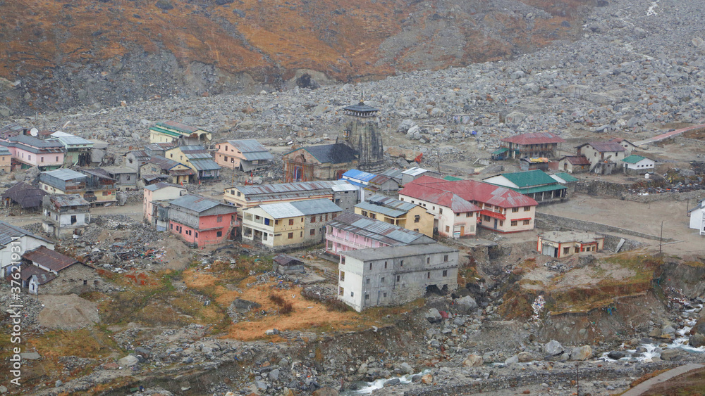 Kedarnath temple aerial view after Kedarnath Disaster 2013. Heavy loss ...