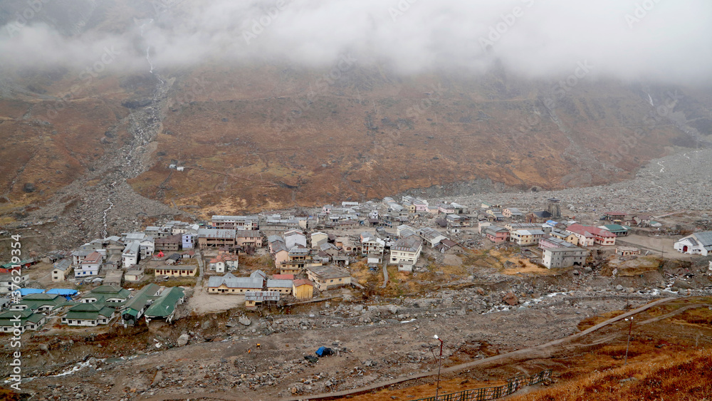 Kedarnath temple aerial view after Kedarnath Disaster 2013. Heavy loss ...