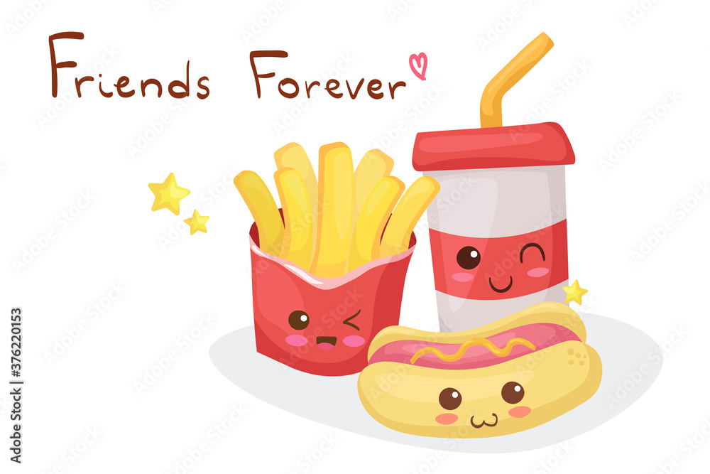 Kawaii smiling French Fries, Hot Dog & Soda comic vector characters ...