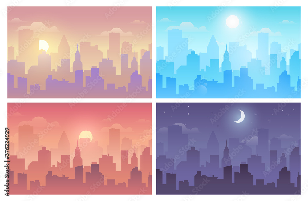 Daytime cityscape morning, day and night city skyline landscape, town ...