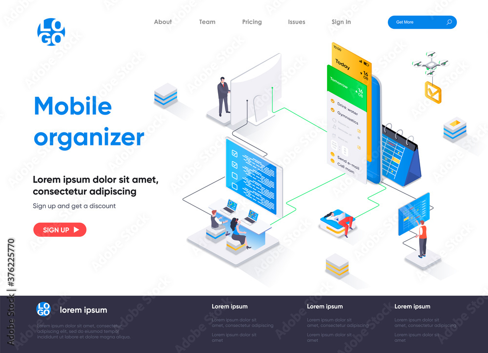Mobile organizer isometric landing page. Mobile application for ...
