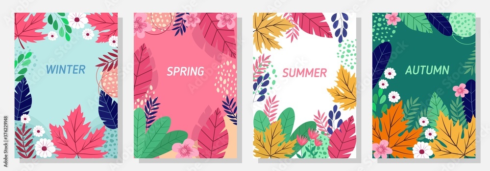 Vector set four seasons, winter, spring, summer, autumn, flowers and ...