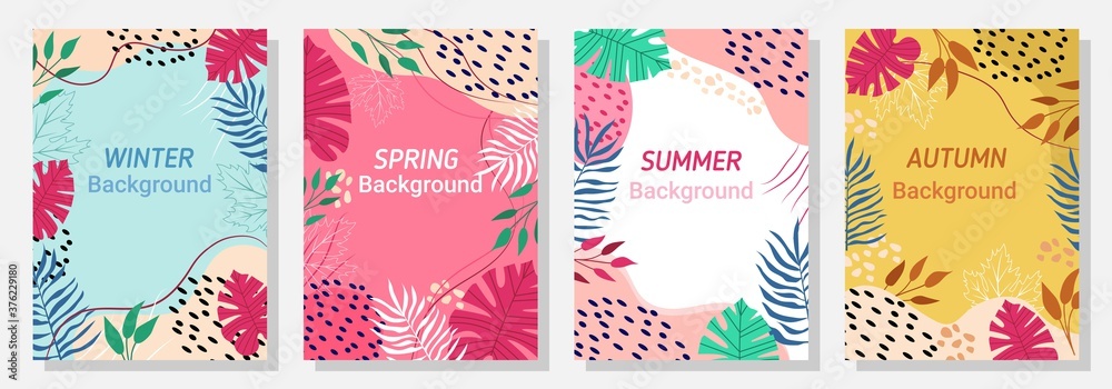 Vector set four seasons, winter, spring, summer, autumn, flowers and ...