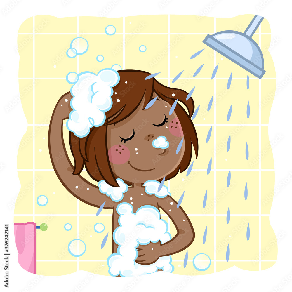 Hygiene - Cute little black girl with dark brown hair - Taking a shower ...