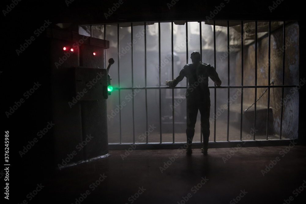 Jail or prison cell. Obsolete gray grunge concrete room. Old prison ...