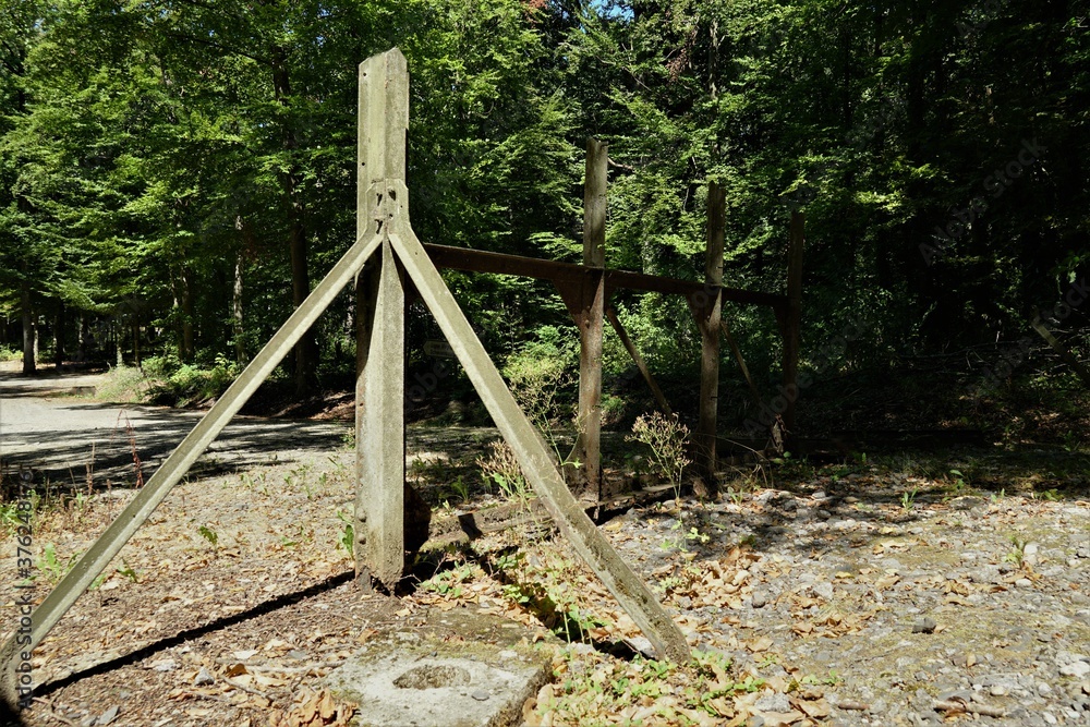 Metal entrance gate in the wood, giving access to the ground of ...