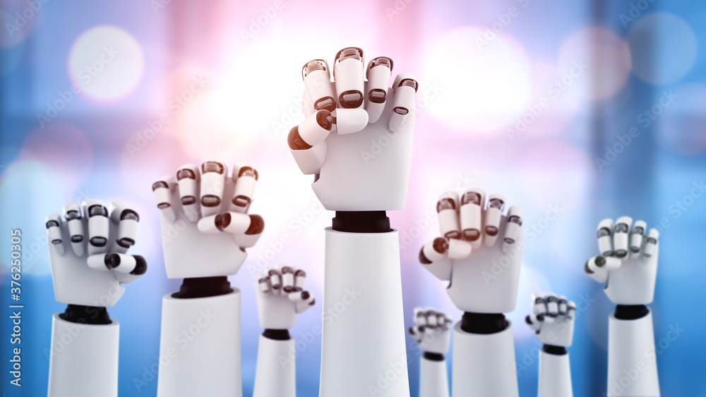 Robot humanoid hands up to celebrate success achieved by using AI ...