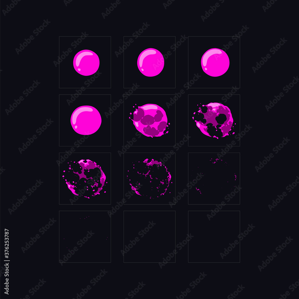 Cartoon bubble burst animation. Pink water bubble blast explosion ...