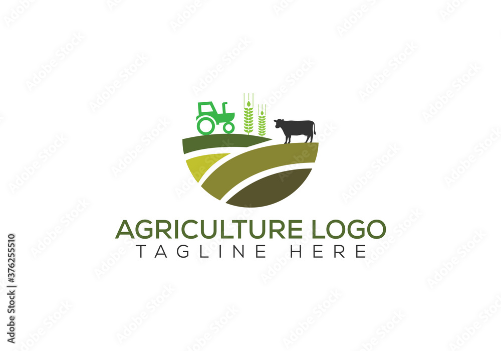 Agriculture and farming with a tractor with cultivator and plow, logo ...