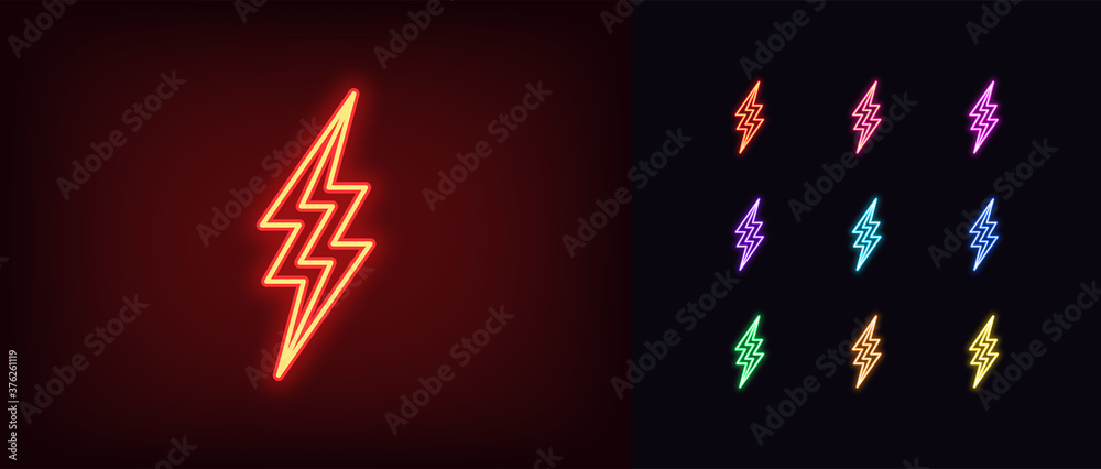 Neon lightning icon. Glowing neon thunderbolt sign, electrical storm ...