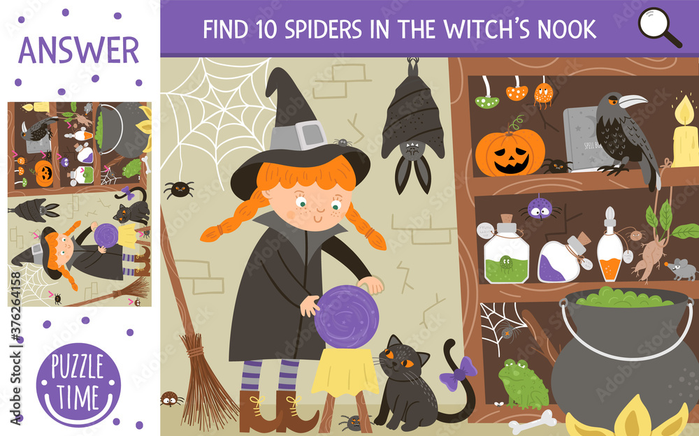 Vector Halloween searching game with cute witch and potion ingredients ...