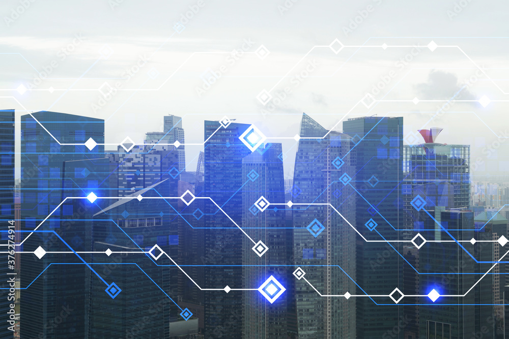 Technology hologram over panorama city view of Singapore. The largest ...