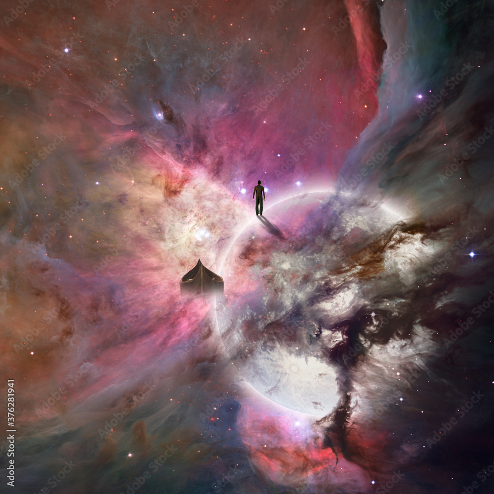 Deep space background with human being. 3D rendering Stock Illustration ...