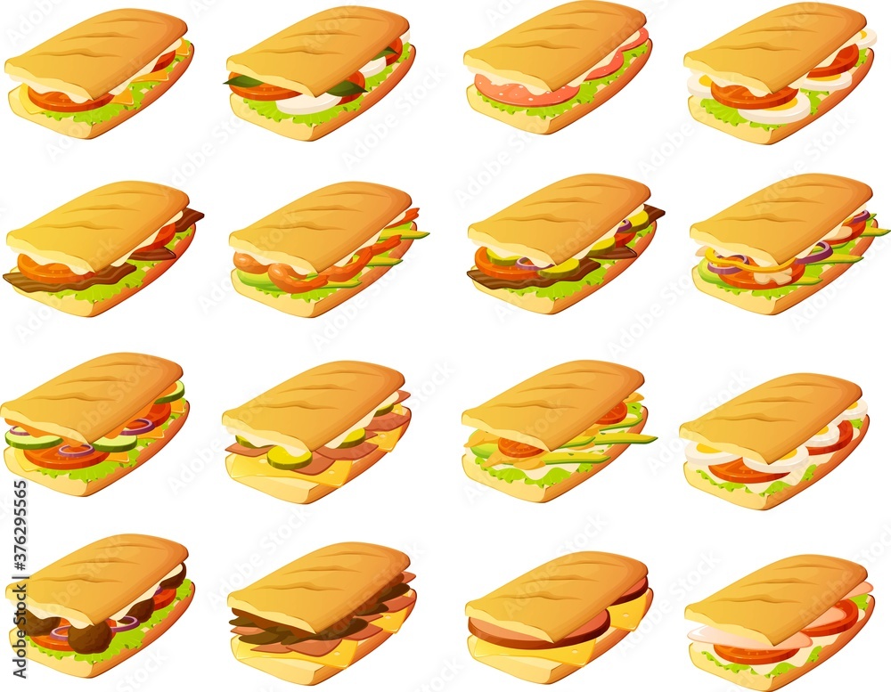 Vector illustration of various sub sandwich and panini bread with meat ...