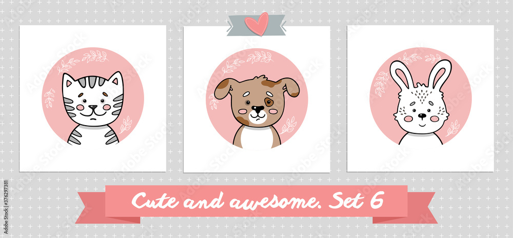 Set of cute simple animal faces portraits. Designs for nursery interior ...