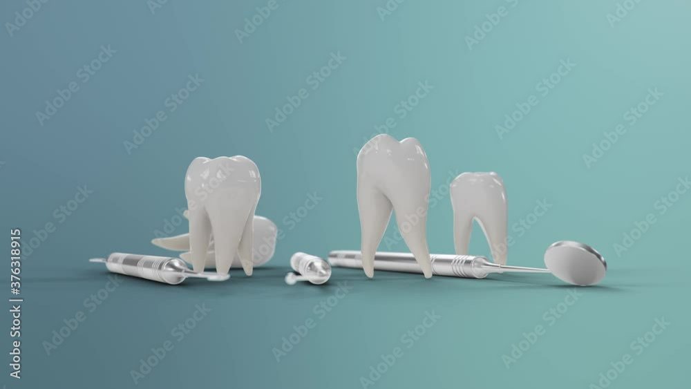 Healthy teeth rotation animation. Teeth with dental tools. Concept of ...