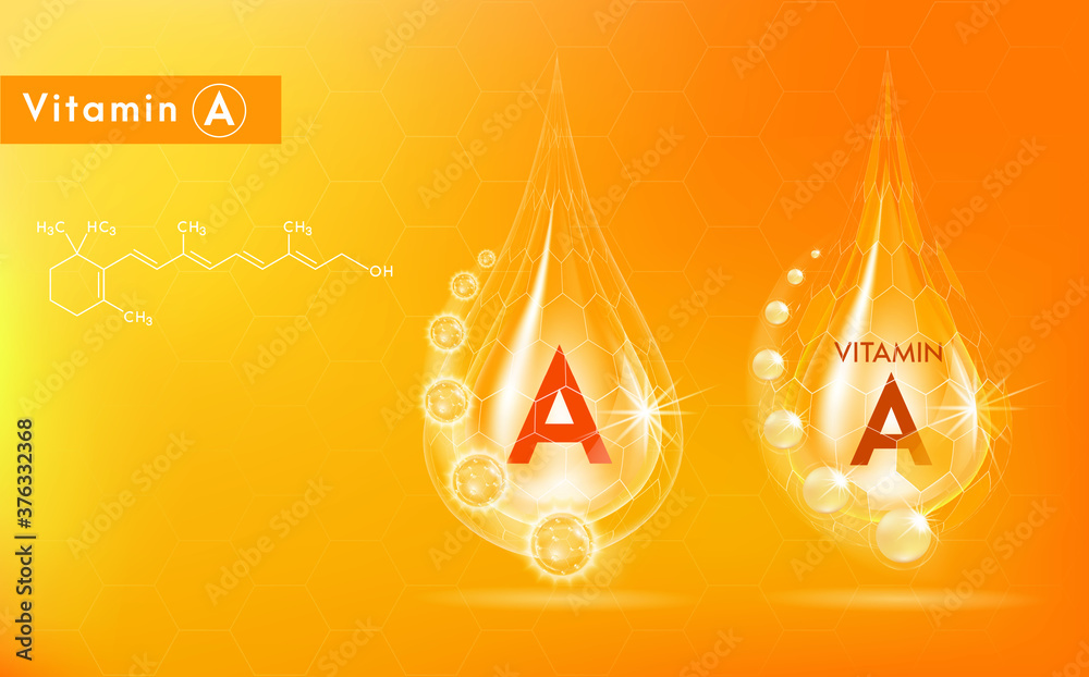 Vitamin A and structure. Medicine capsule, Golden substance. 3D Vitamin ...