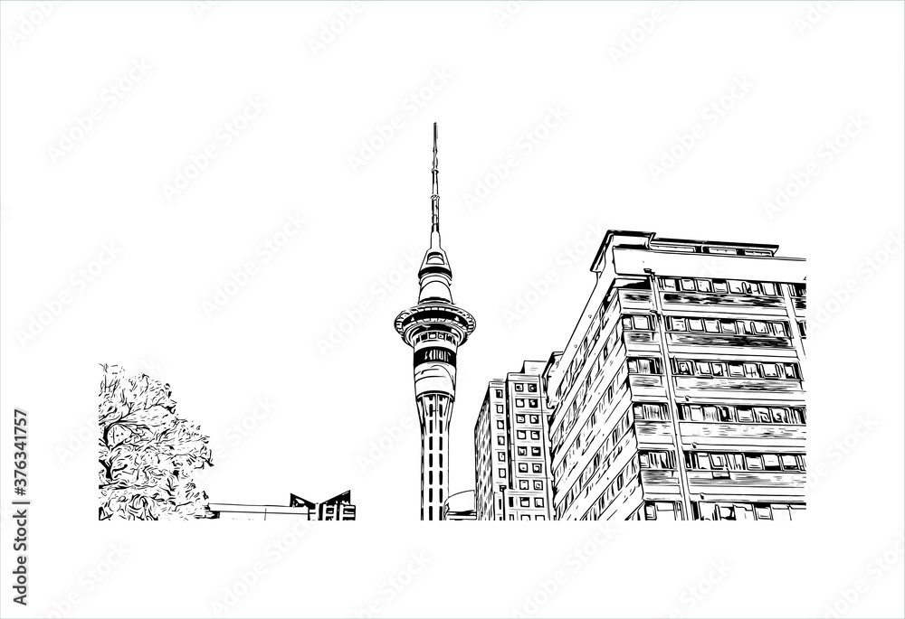 Building view with landmark of Auckland, based around 2 large harbours ...