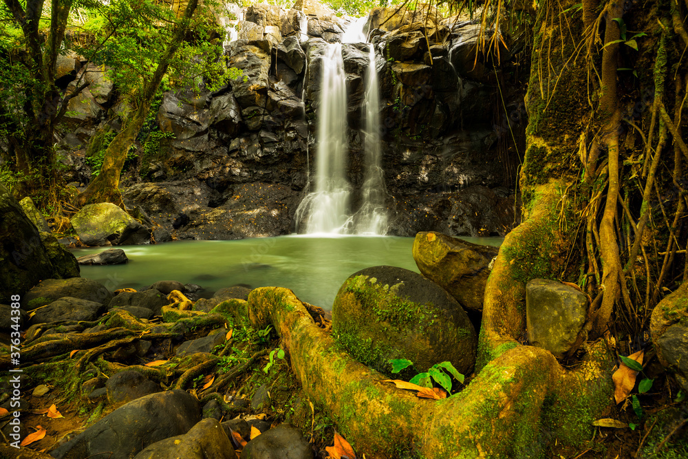 Waterfall landscape. Beautiful hidden waterfall in tropical rainforest ...
