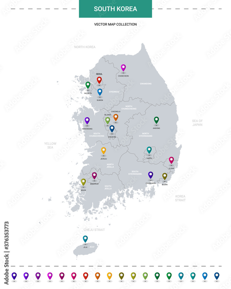 South Korea map with location pointer marks. Infographic vector ...