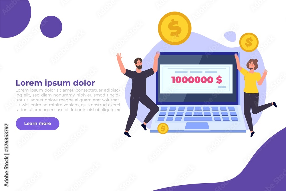 Character holding money prize, bank check for a million dollars ...