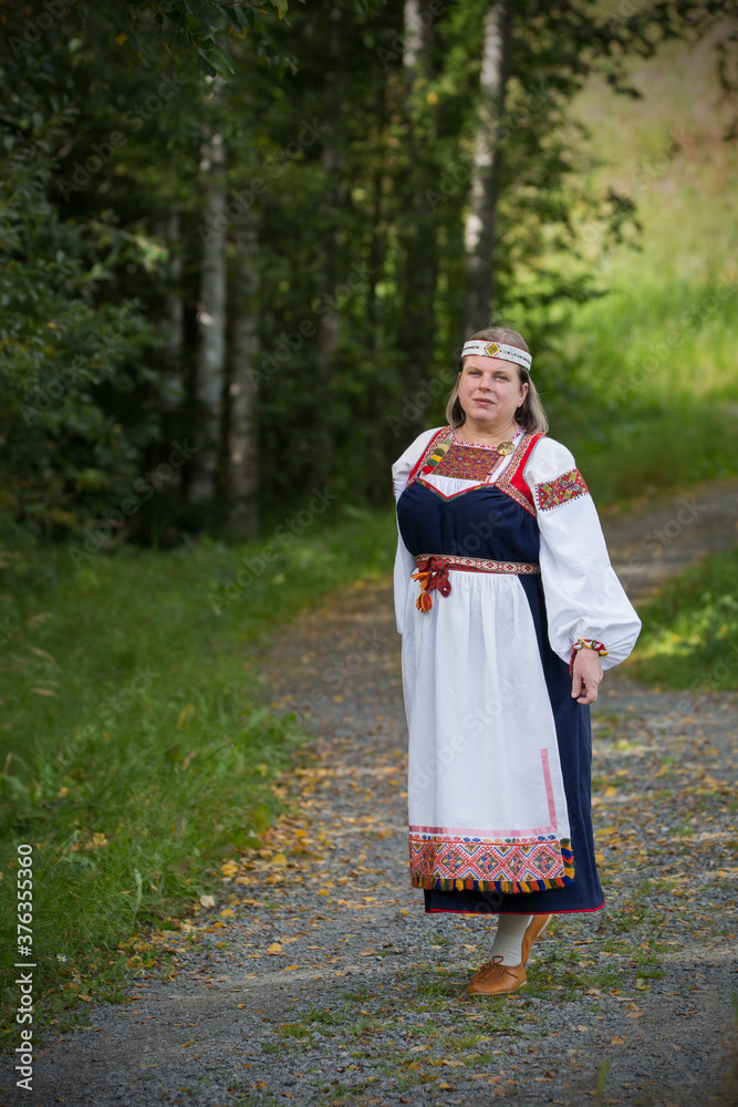 Woman wearing Finnish-Ingrian national costume, "tuuterinpuku" Stock ...