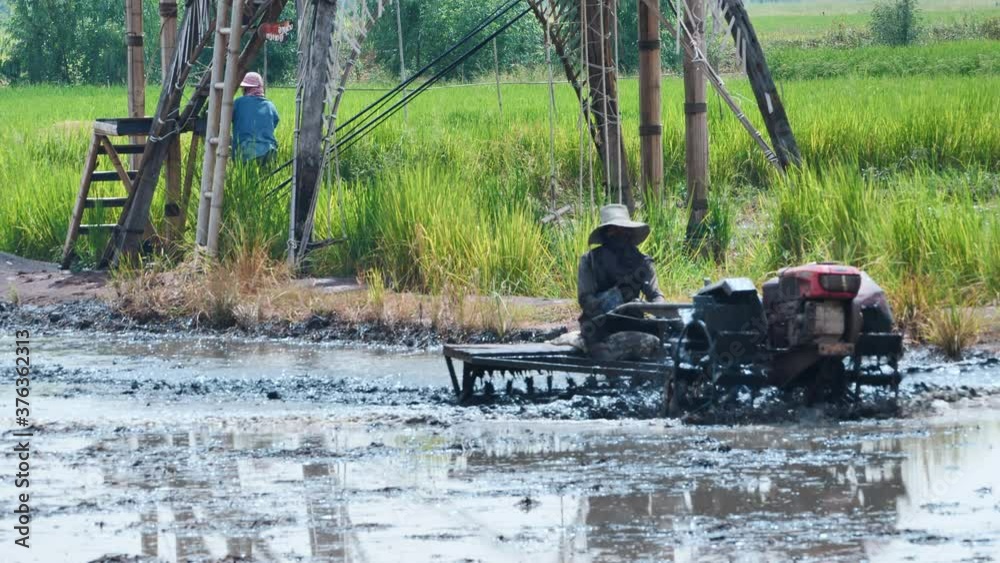 Farmer using tractor plough in regular furrows to plow for prepare ...