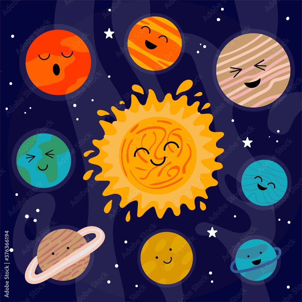 Cartoon Solar system. Heavenly science poster with space objects with ...