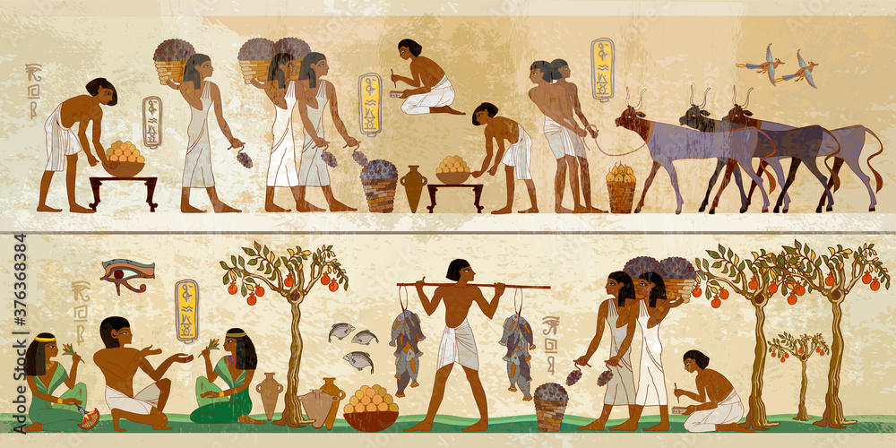 Ancient Egypt frescoes. Agriculture, workmanship, fishery, farm ...