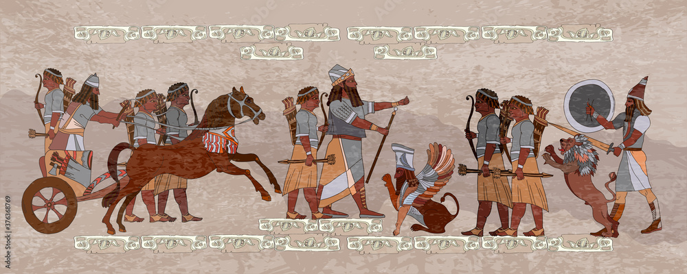 Ancient Sumerian culture. Akkadian Empire. King on chariot. Lion and ...