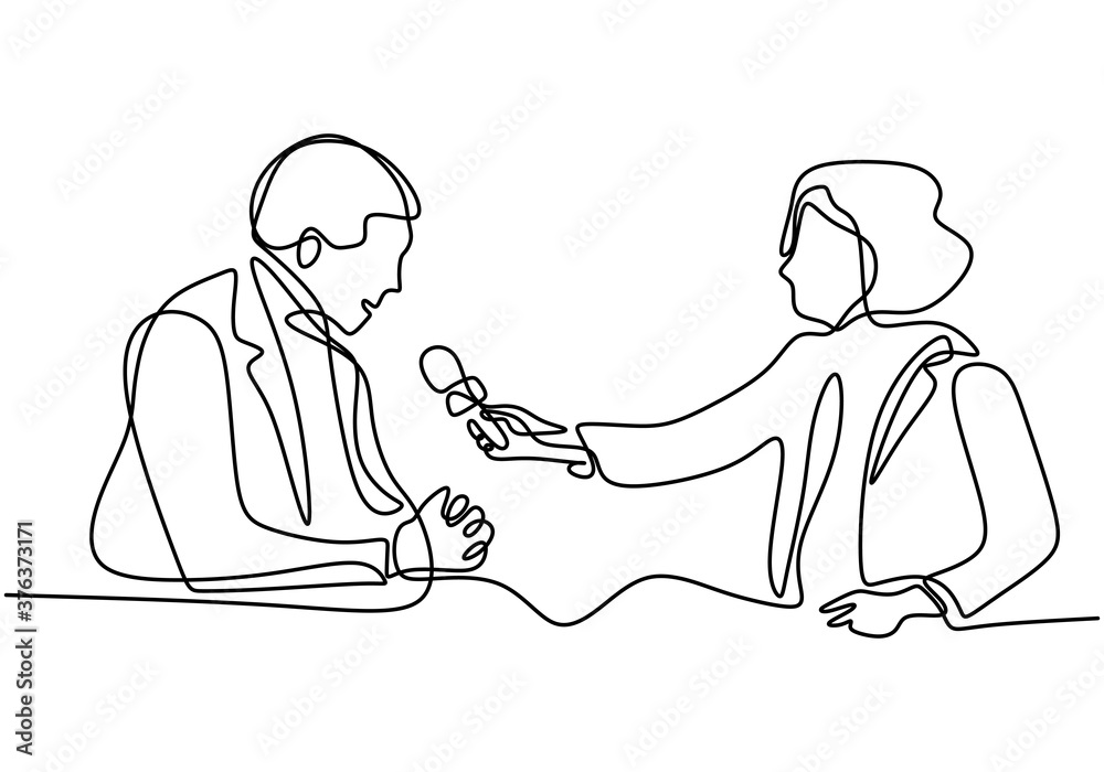 Continuous one single line drawing of reporter female journalist. A ...