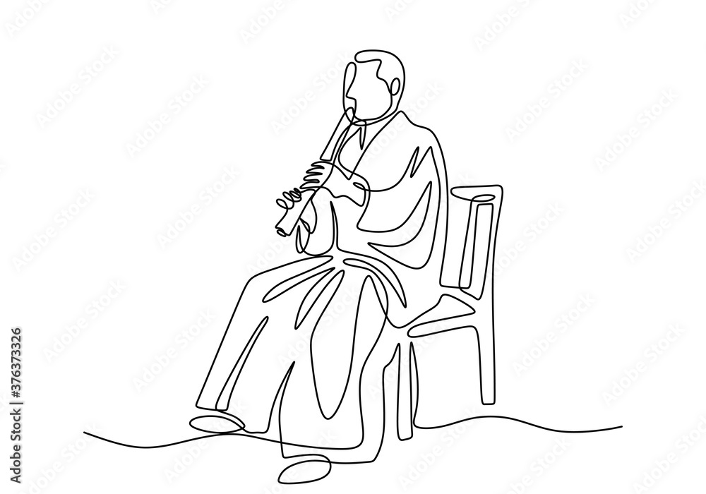 One continuous single line drawing of a man with Shakuhachi flute ...