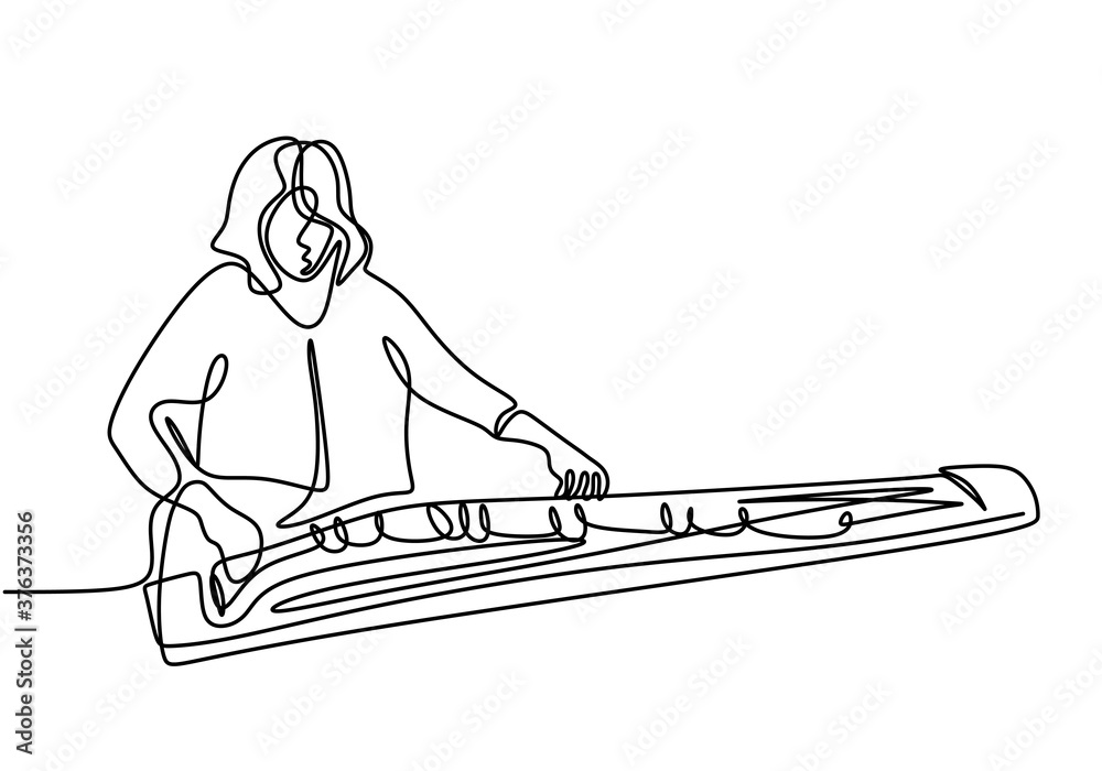 Continuous line drawing of woman with Koto, traditional Japanese music ...