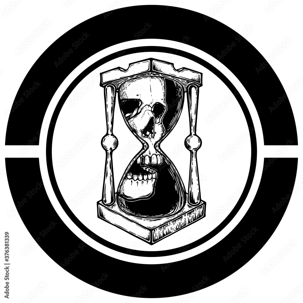 Decorative antique death hourglass illustration with skull. Hand drawn ...