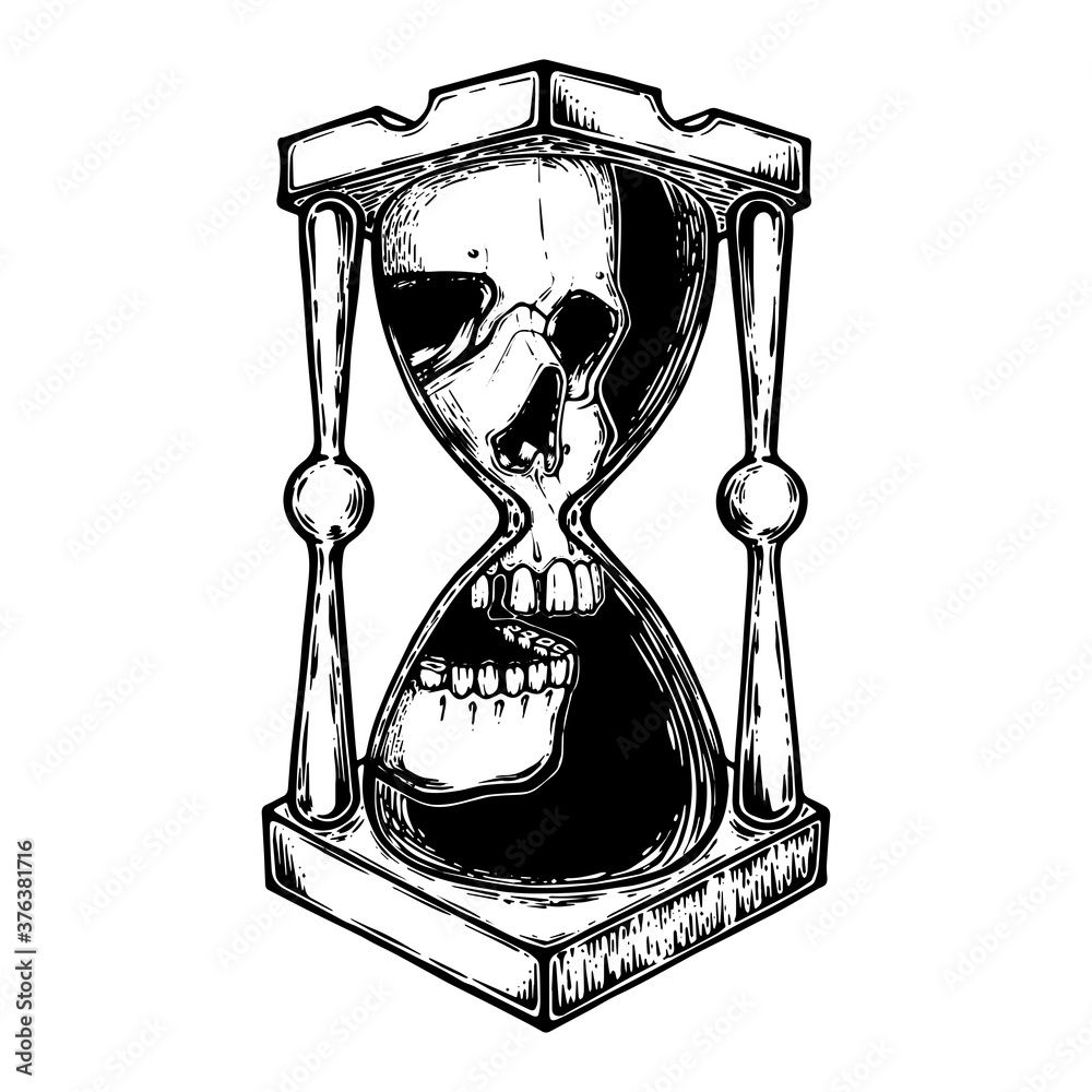 Decorative antique death hourglass illustration with skull. Hand drawn ...