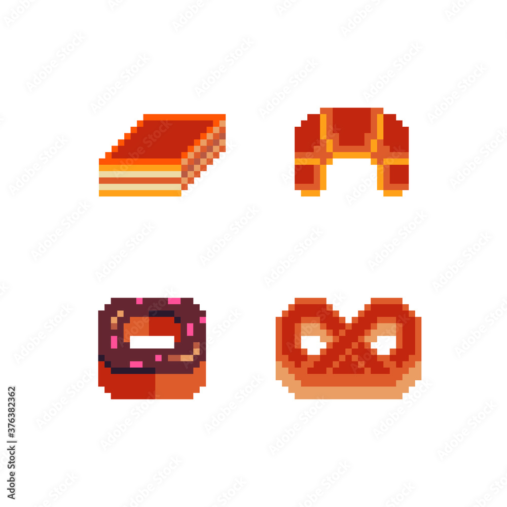 Pixel art confectionery icon set with pastries. Baked tasty food and ...