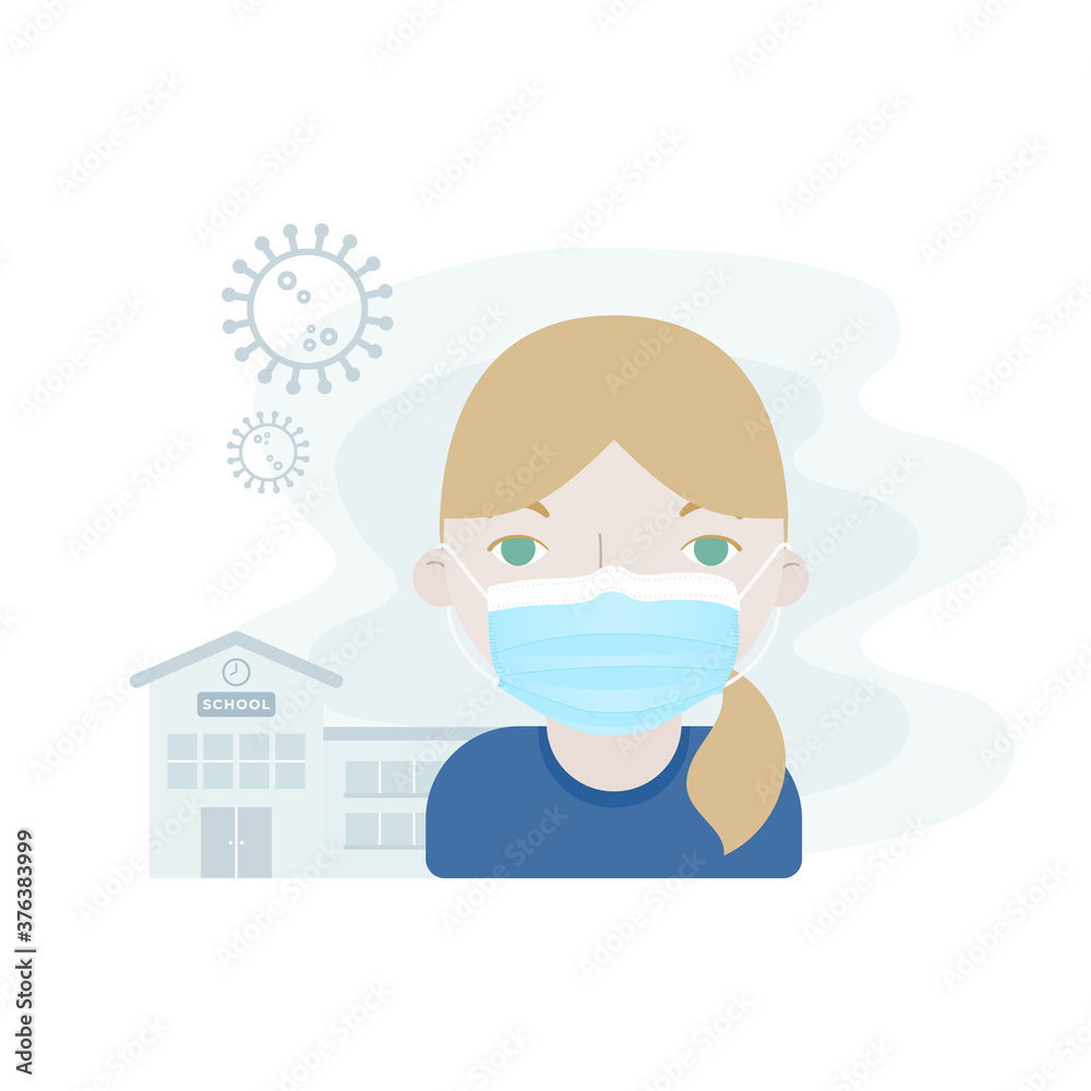 Girl child wearing facial mask in front of the school building. Concept ...