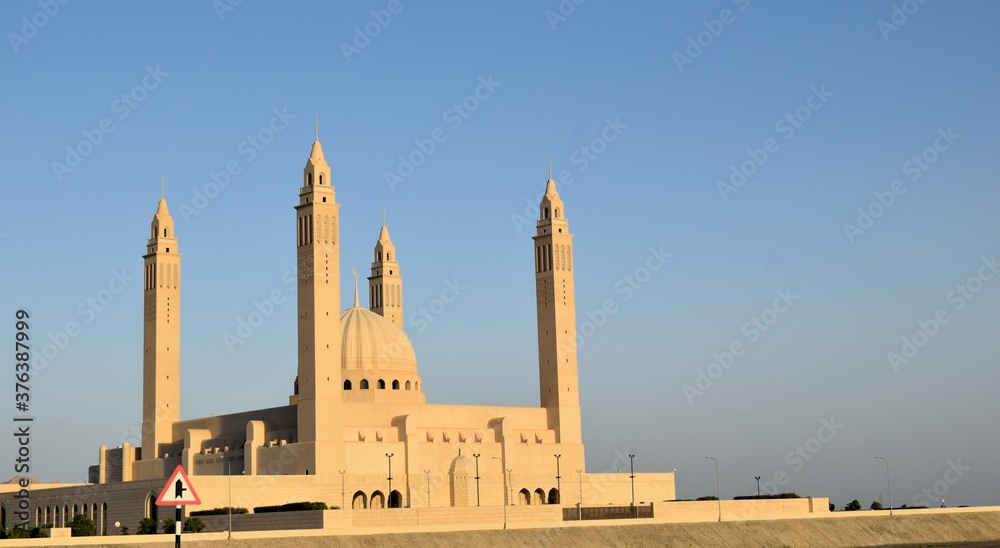 Nizwa Sultan Qaboos Grand Masjid outside view. Mosque sunset view ...