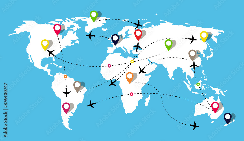 Vetor de Map with airplanes flight. Travel in world on plane. Route of ... Vetor de Map with airplanes flight. Travel in world on plane. Route of ...