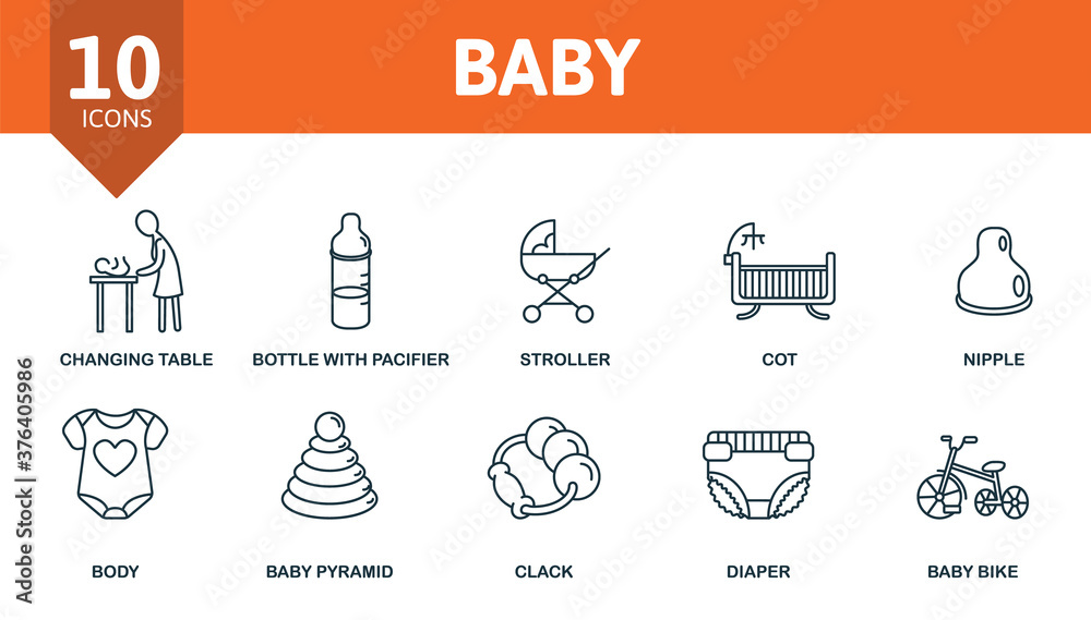 Baby icon set. Collection contain stroller, diaper, beanbag, family ...