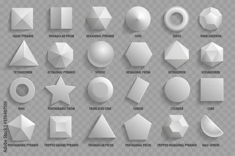 Vector set. Top view realistic math basic 3d shapes. Three dimensional ...