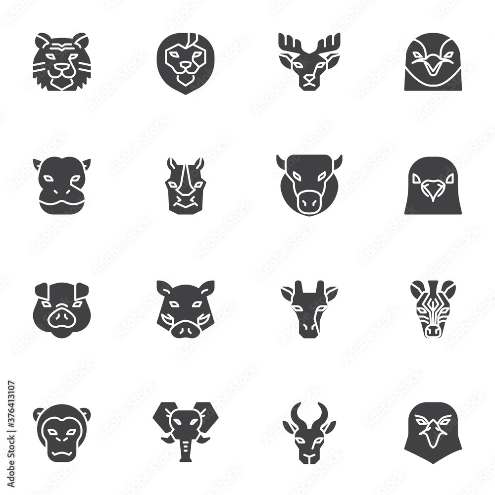 Animal face vector icons set, modern solid symbol collection, animal ...
