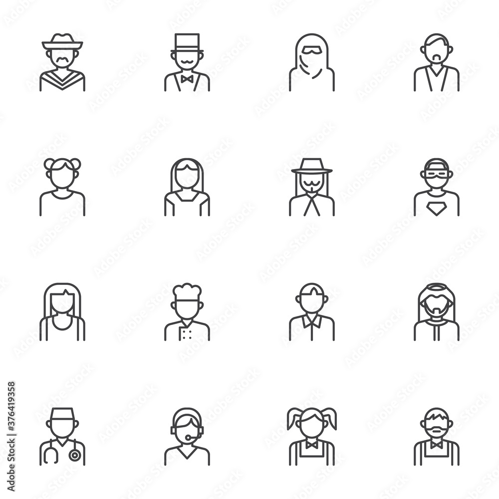 People characters avatars line icons set, outline vector symbol ...