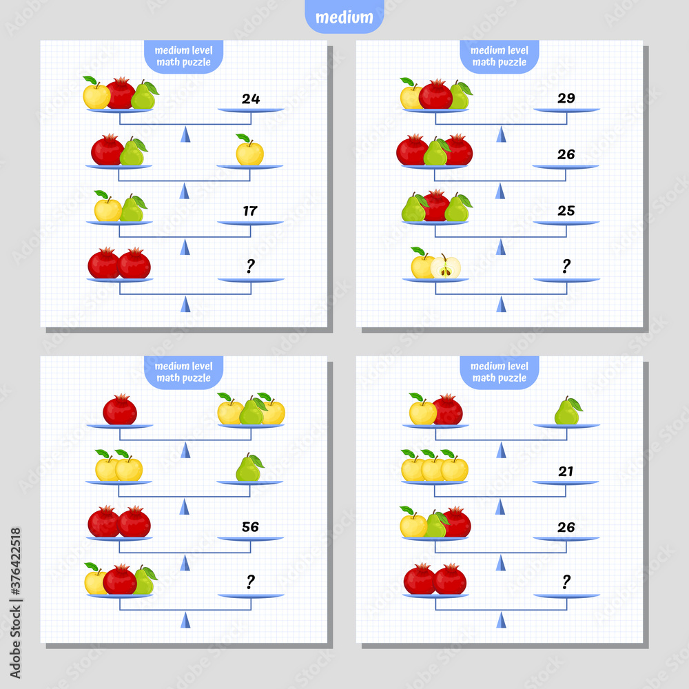 Math, Logic Puzzle Educational Game Set. Medium level. System of ...